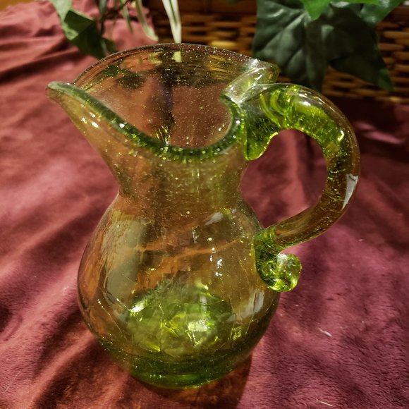 Vintage | Accents | Vintage Green Bubble Glass Hand Blown Pitcher ...